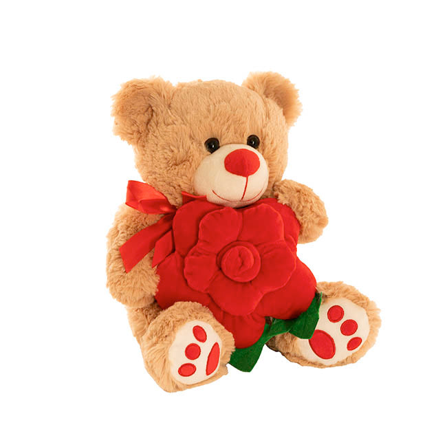 Teddy Bear Kev w Red Bow & Rose Plush Toy Brown (30cmST) – The Soft Toy ...